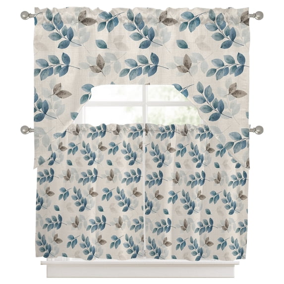 3 Pieces Swag Kitchen Curtains Set, Blue Botanical Fall Valance Swag ...