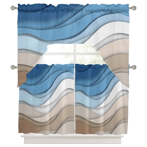 3 Pieces Swag Kitchen Curtains Set, Blue Brown Valance Swag & Small ...