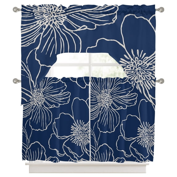 3 Pieces Swag Kitchen Curtains Set, Blue Flowers Valance Swag & Small ...