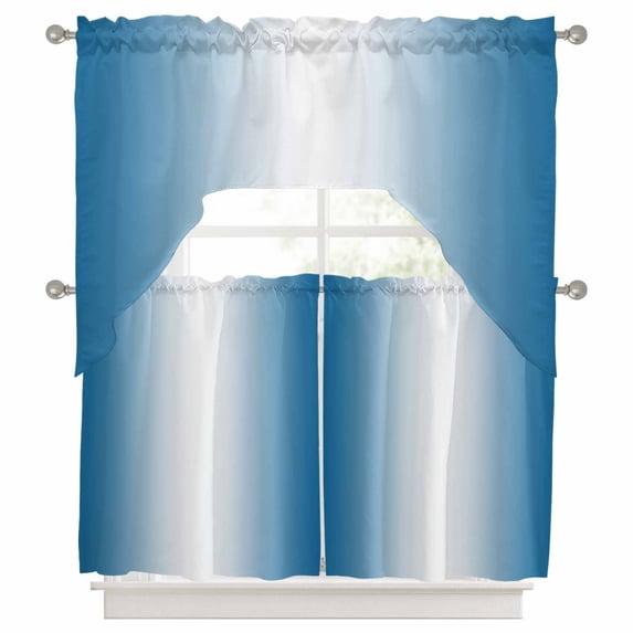 3 Pieces Swag Kitchen Curtains Set, Blue Ombre Valance Swag & Small ...