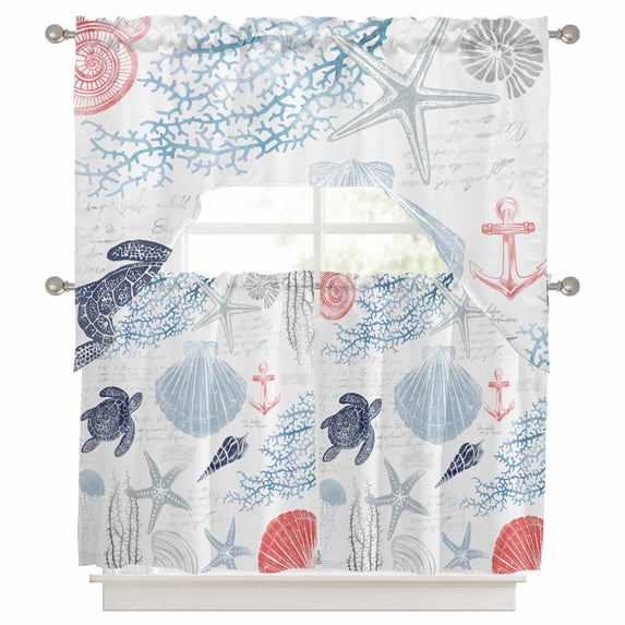 3 Pieces Swag Kitchen Curtains Set, Blue Red Coastal Nautical Valance ...