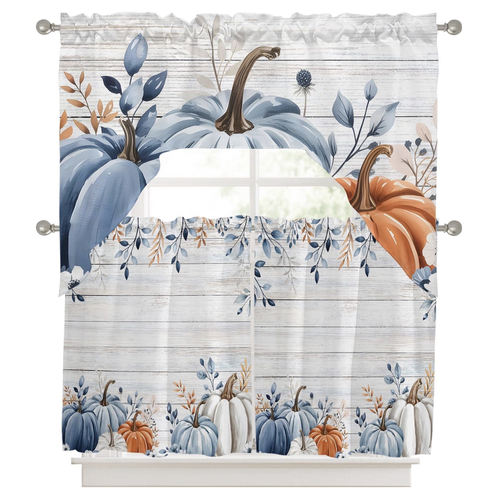 3 Pieces Swag Kitchen Curtains Set, Blue Thanksgiving Fall Valance Swag ...