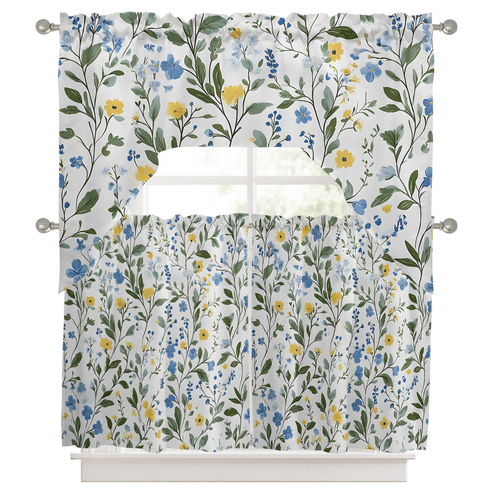 3 Pieces Swag Kitchen Curtains Set, Blue Yellow Spring Floral Valance ...