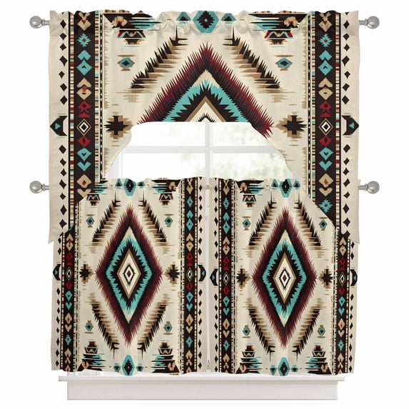 3 Pieces Swag Kitchen Curtains Set, Boho Red Teal Brown Valance Swag ...