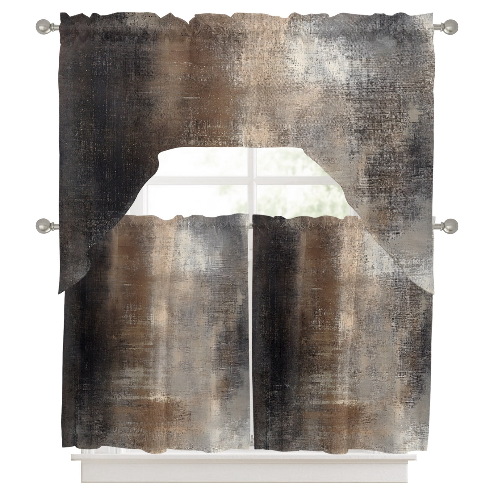 3 Pieces Swag Kitchen Curtains Set, Brown Valance Swag & Small Window ...