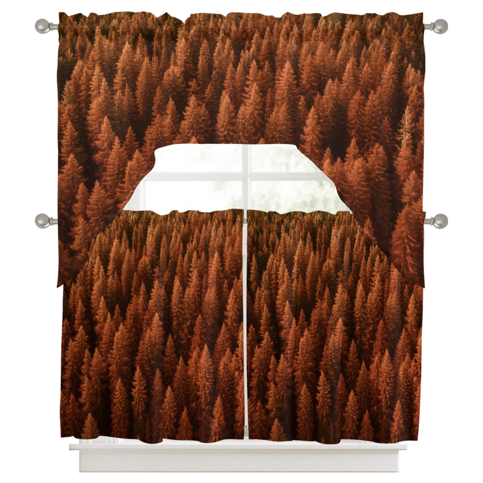 3 Pieces Swag Kitchen Curtains Set, Burnt Orange Forest Valance Swag ...