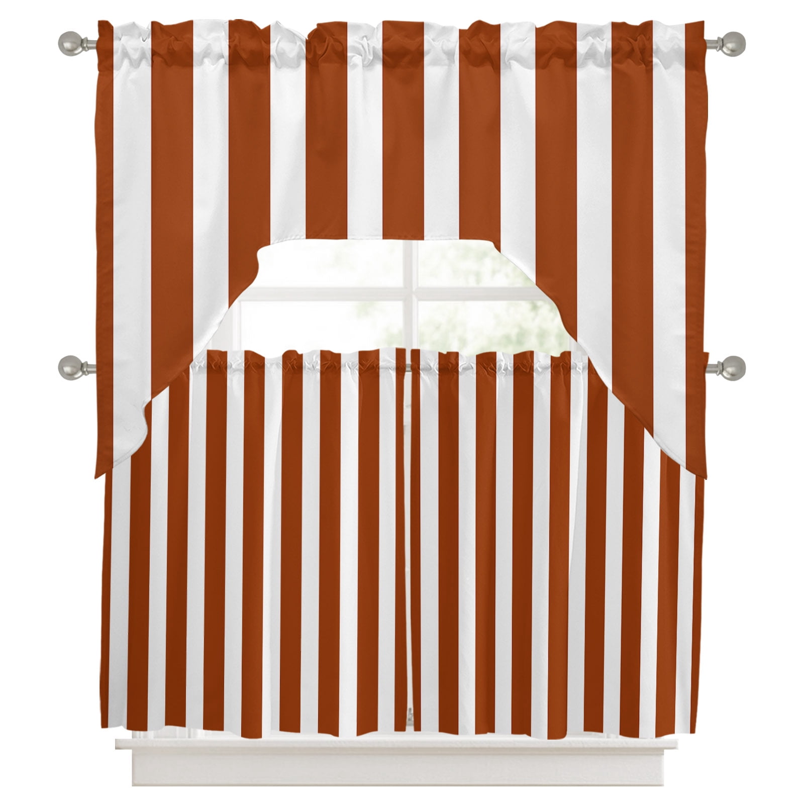 3 Pieces Swag Kitchen Curtains Set, Burnt Orange Stripe Valance Swag ...