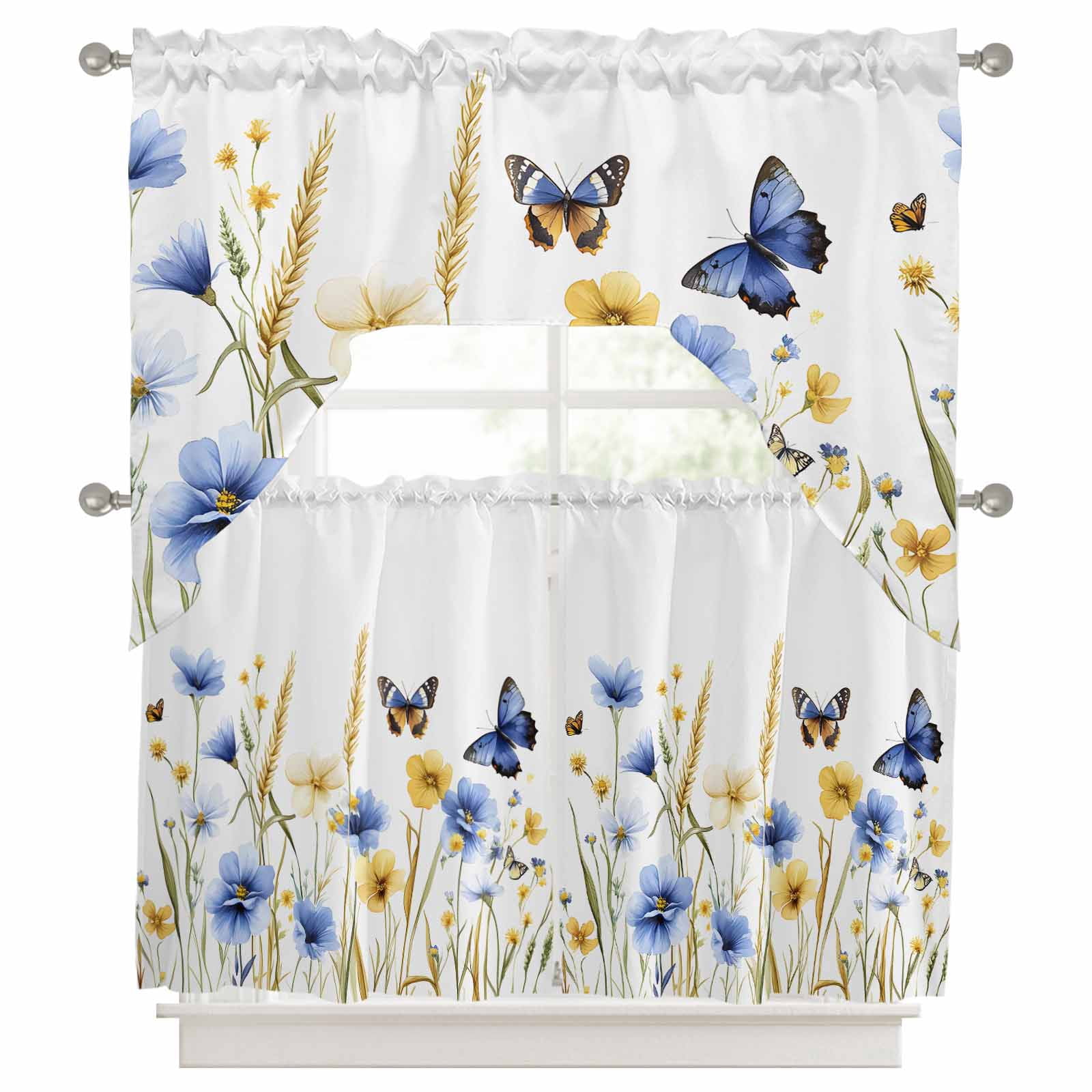 3 Pieces Swag Kitchen Curtains Set, Butterflies Floral Valance Swag ...