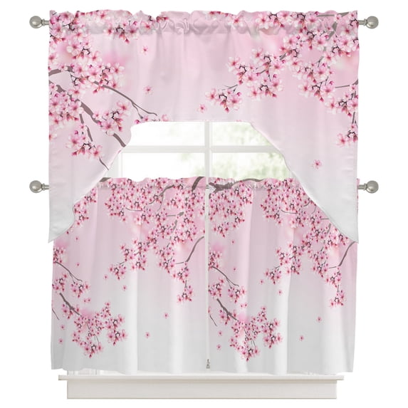 3 Pieces Swag Kitchen Curtains Set, Cherry Blossom Valance Swag & Small ...