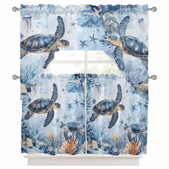 3 Pieces Swag Kitchen Curtains Set, Coastal Beach Valance Swag & Small ...