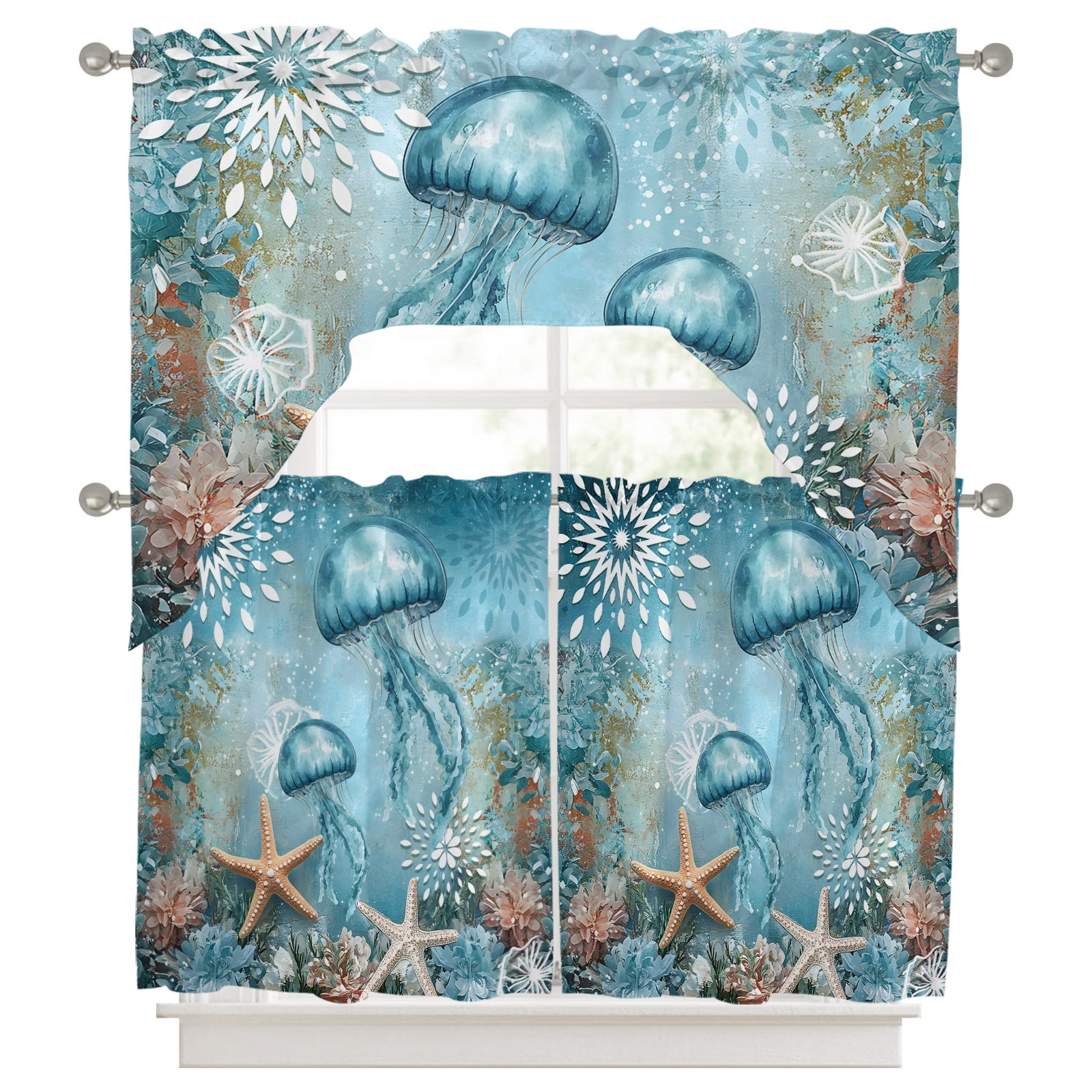 3 Pieces Swag Kitchen Curtains Set, Coastal Jellyfish Valance Swag ...