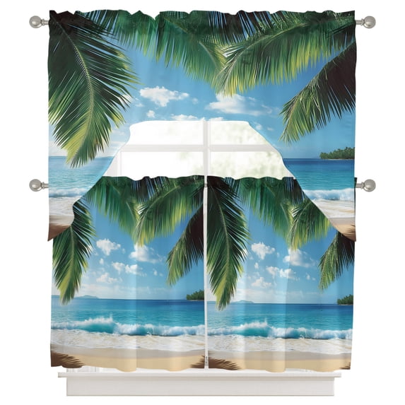 3 Pieces Swag Kitchen Curtains Set, Coastal Ocean Valance Swag & Small ...
