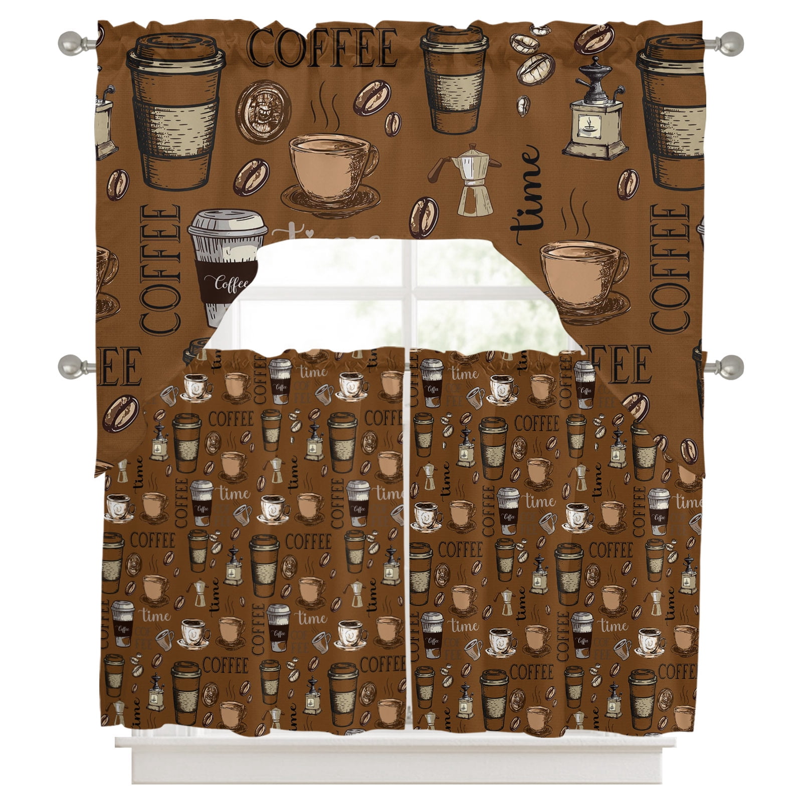 3 Pieces Swag Kitchen Curtains Set, Coffee Theme Valance Swag & Small ...