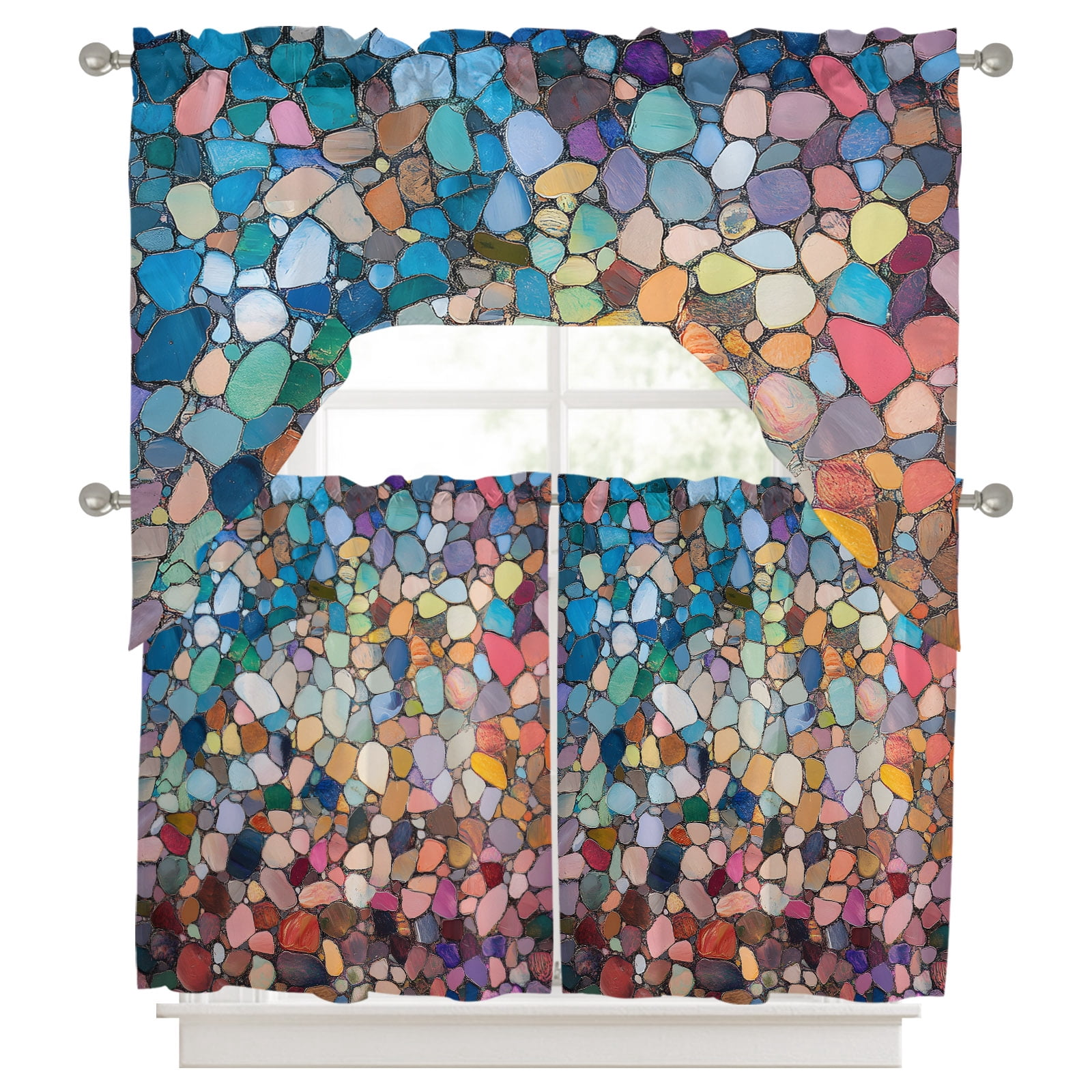 3 Pieces Swag Kitchen Curtains Set, Colorful Stone Valance Swag & Small ...