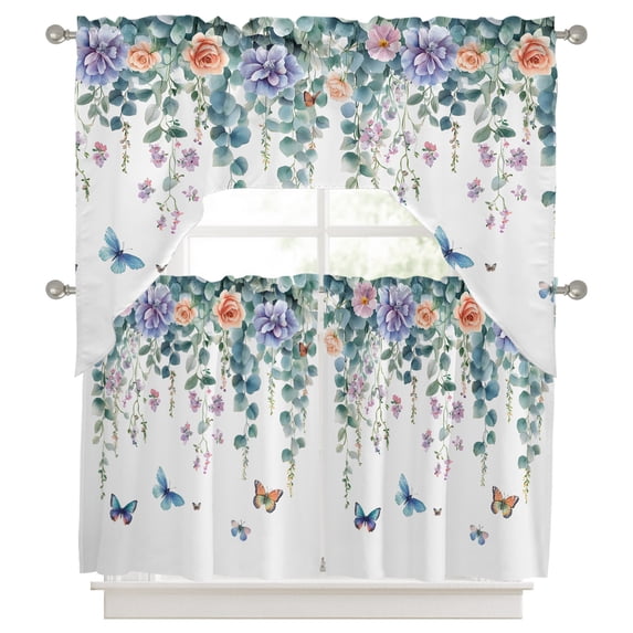 3 Pieces Swag Kitchen Curtains Set, Eucalyptus Butterflies Valance Swag ...