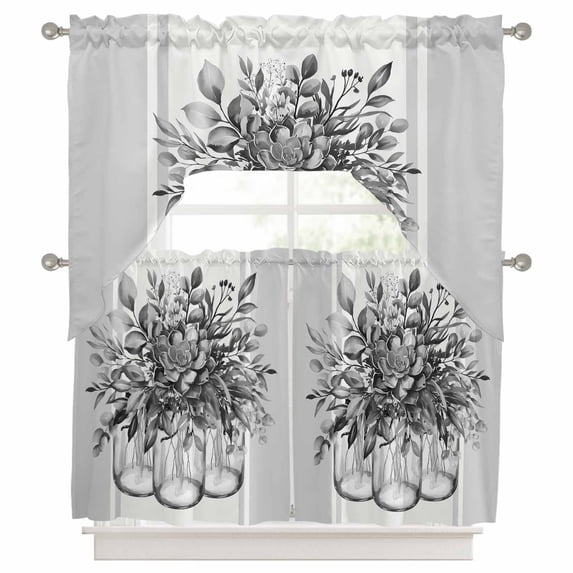 3 Pieces Swag Kitchen Curtains Set, Eucalyptus Gray Valance Swag ...