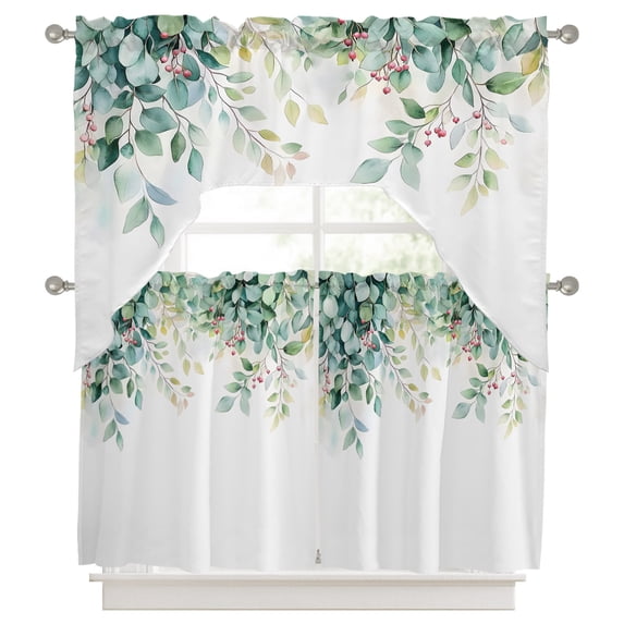3 Pieces Swag Kitchen Curtains Set, Eucalyptus Valance Swag & Small ...