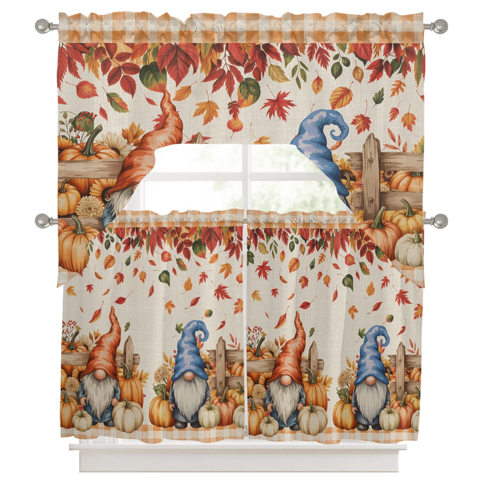 3 Pieces Swag Kitchen Curtains Set, Fall Gnomes Valance Swag & Small ...