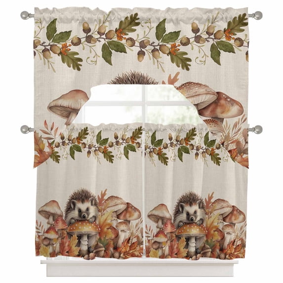 3 Pieces Swag Kitchen Curtains Set, Fall Mushroom Hedgehog Valance Swag ...