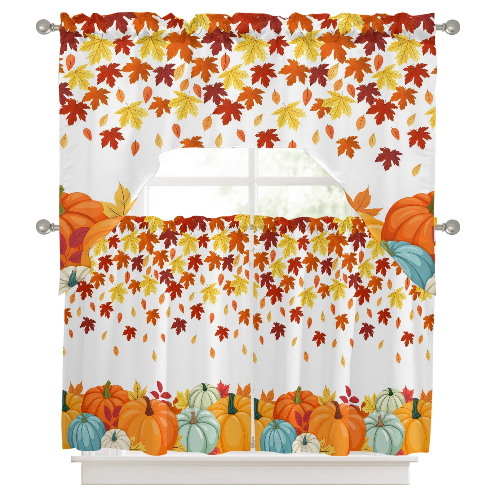 3 Pieces Swag Kitchen Curtains Set, Fall Orange Pumpkins Valance Swag ...