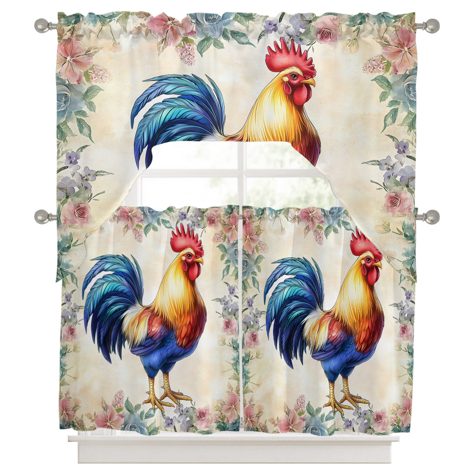 3 Pieces Swag Kitchen Curtains Set, Farmhouse Chicken Valance Swag ...