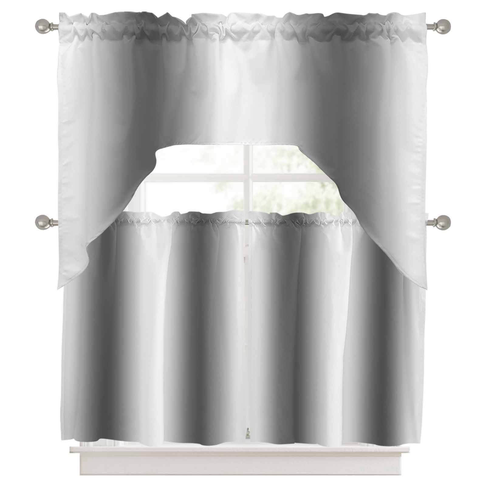 3 Pieces Swag Kitchen Curtains Set, Gray White Ombre Valance Swag ...