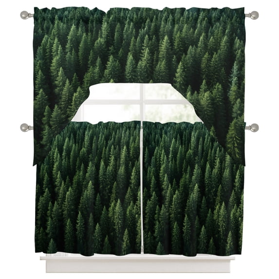 3 Pieces Swag Kitchen Curtains Set, Green Forest Valance Swag & Small ...