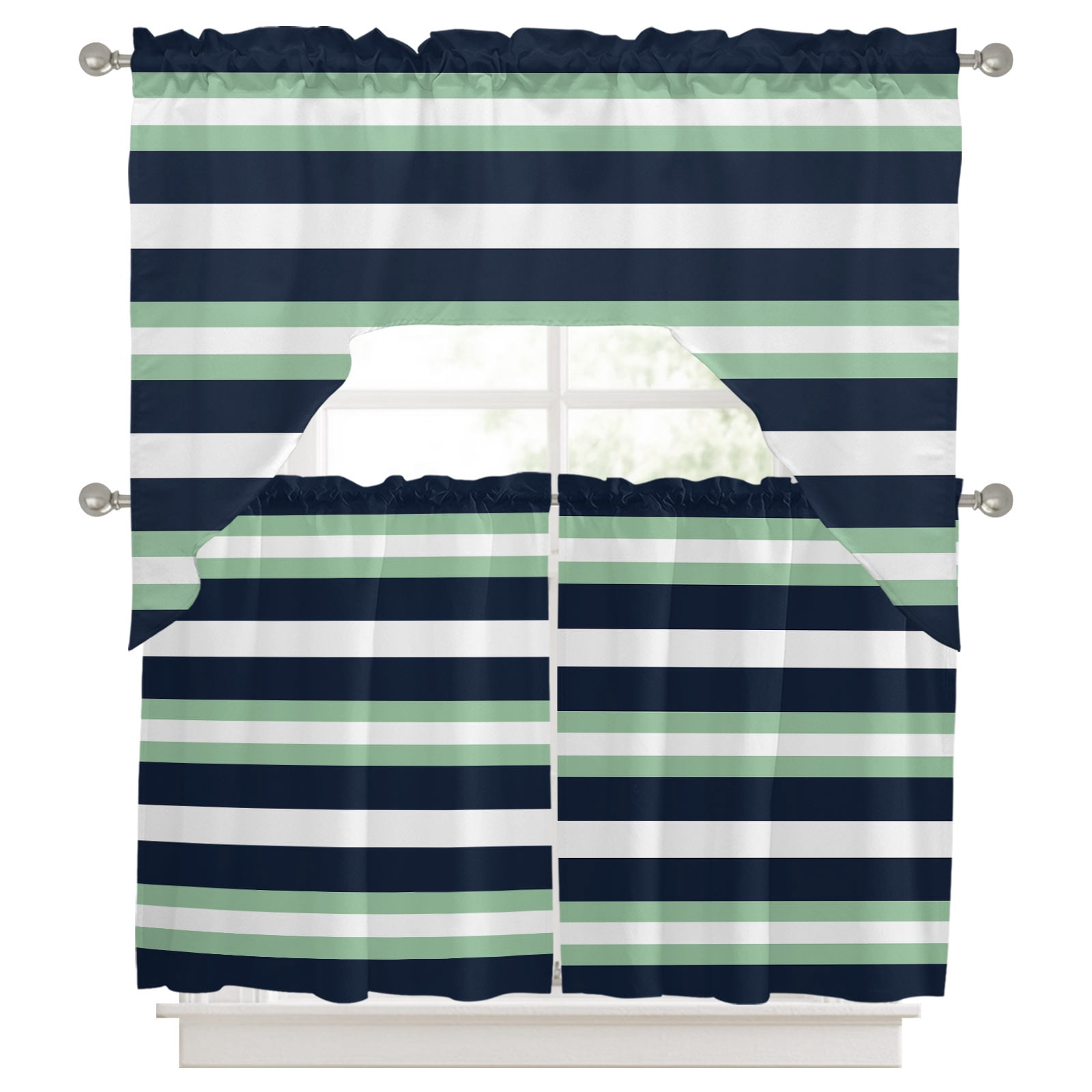 3 Pieces Swag Kitchen Curtains Set, Green Navy Blue Striped Valance ...