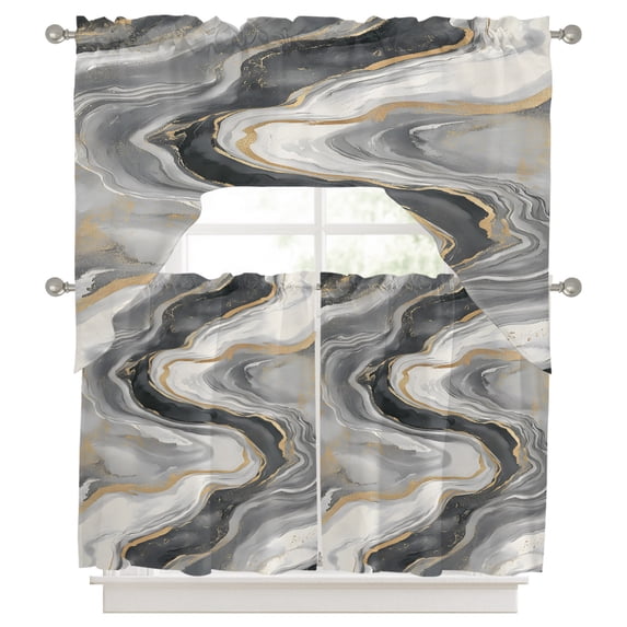 3 Pieces Swag Kitchen Curtains Set, Grey Ombre Marble Valance Swag ...