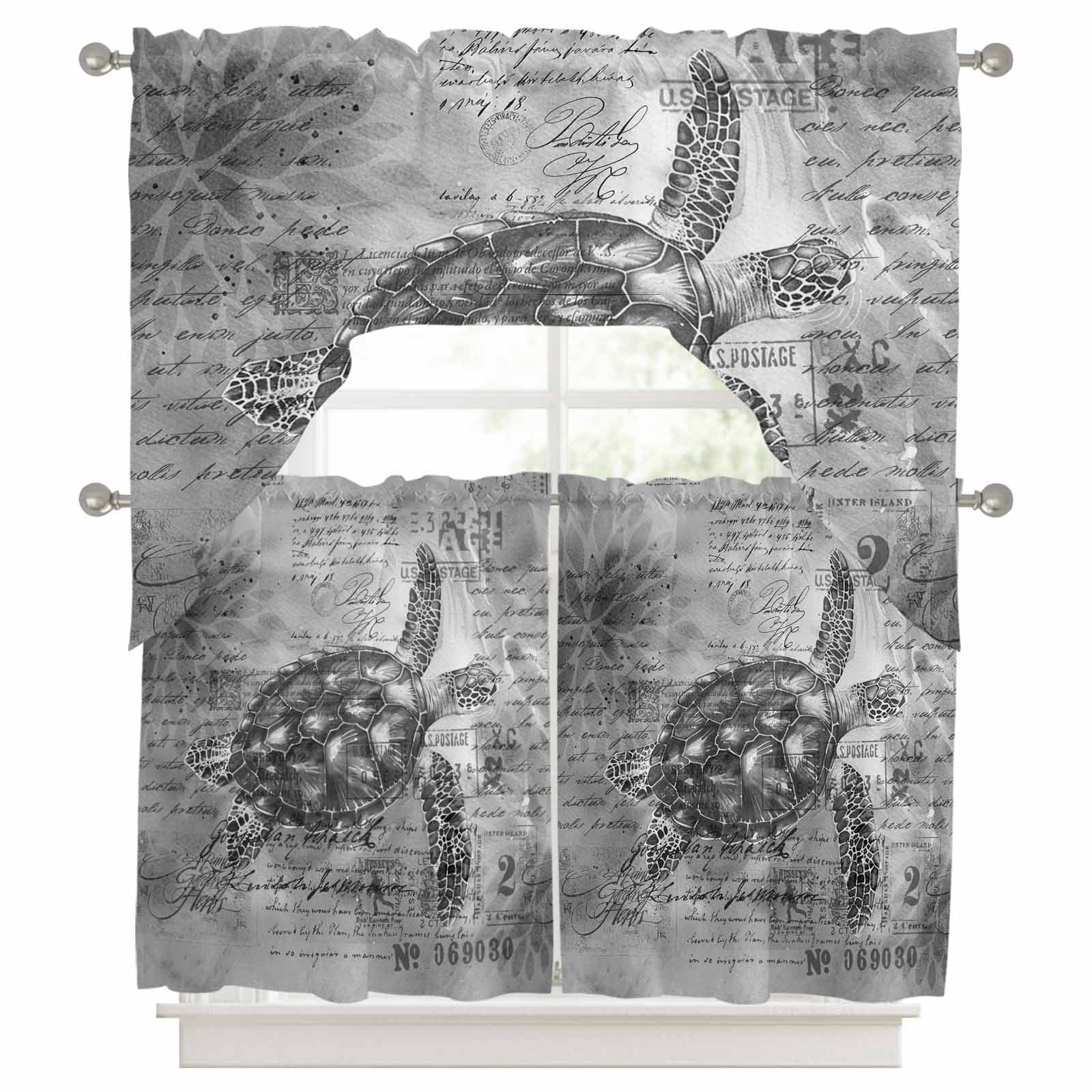 3 Pieces Swag Kitchen Curtains Set, Grey Sea Turtle Valance Swag ...