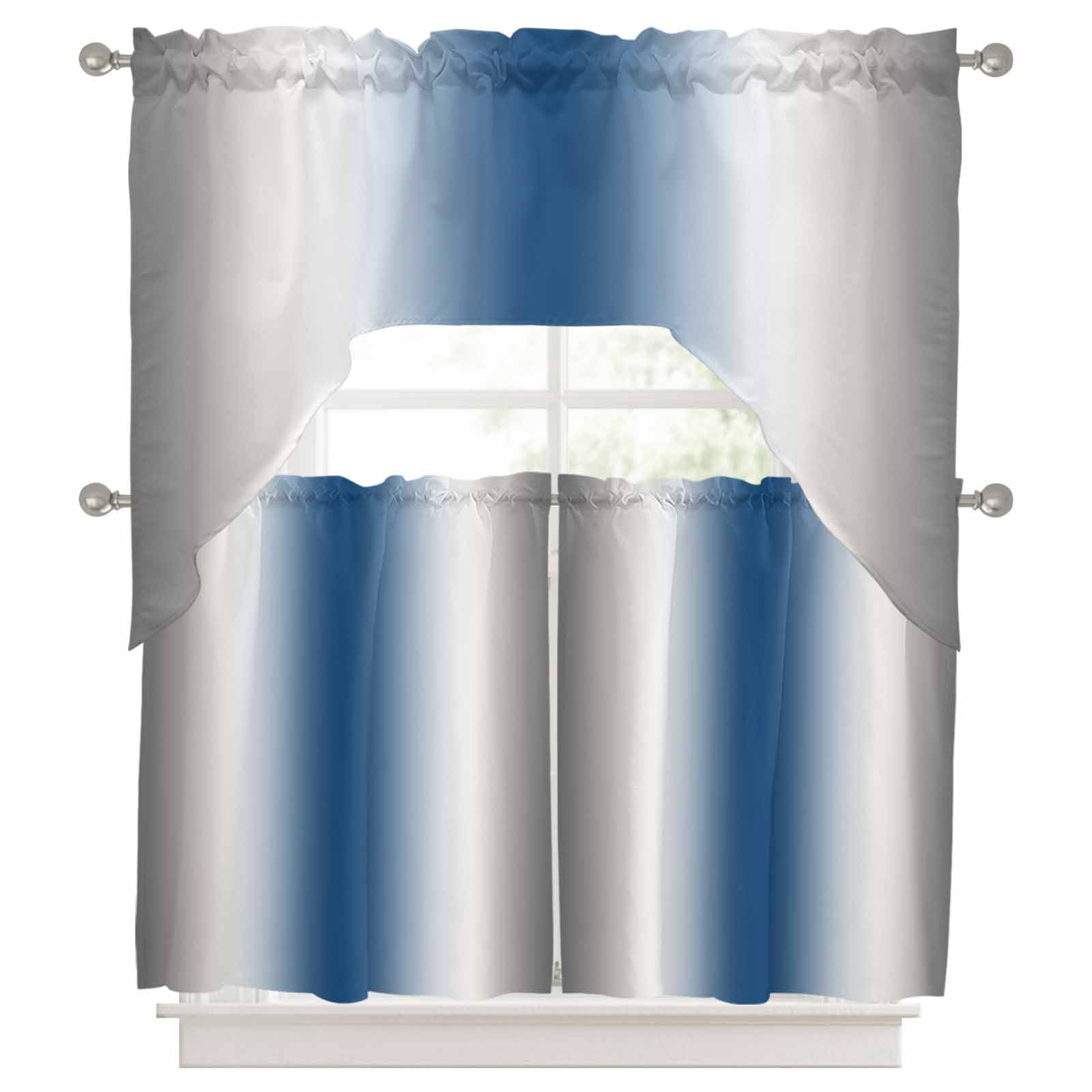 3 Pieces Swag Kitchen Curtains Set, Lake Blue Grey White Valance Swag ...