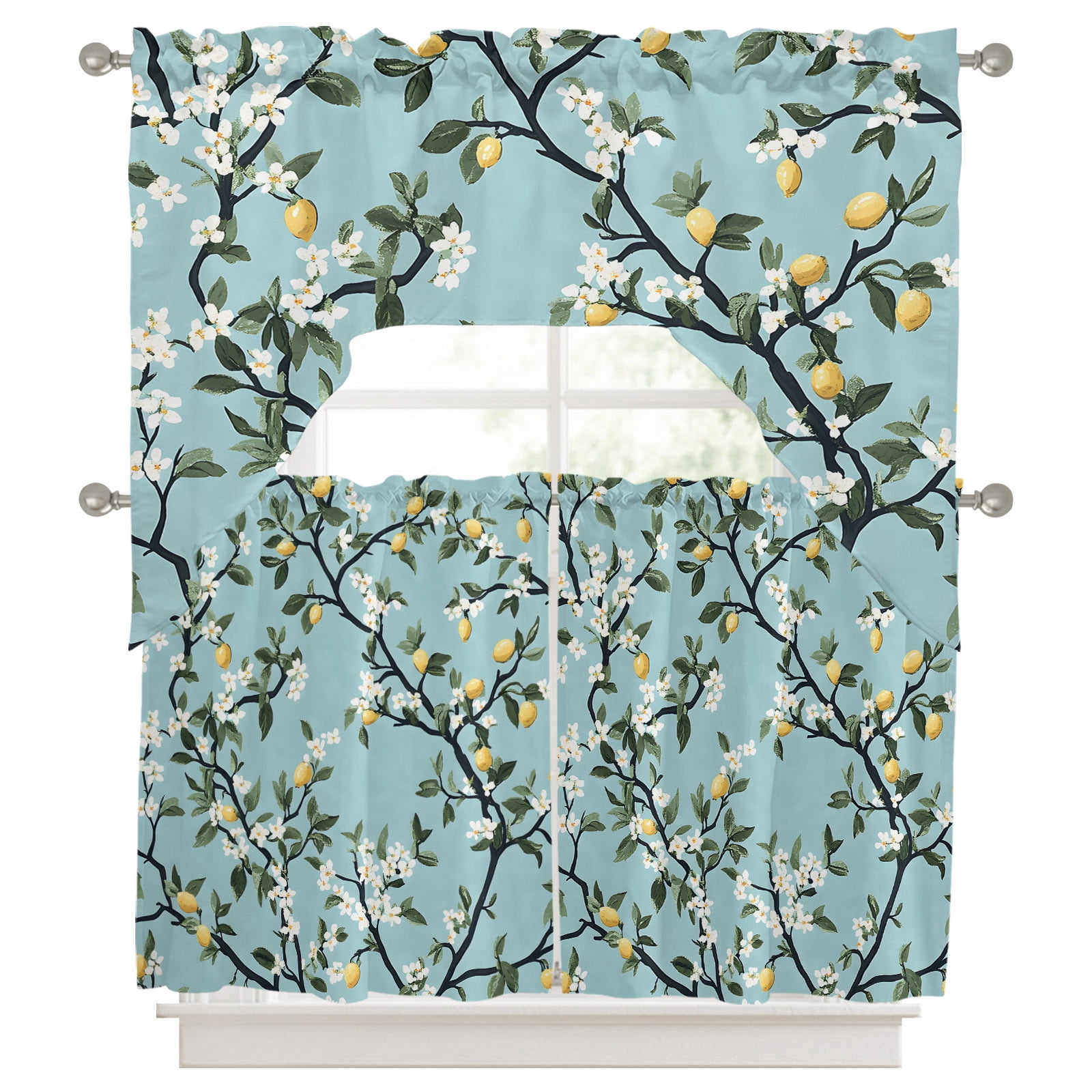 3 Pieces Swag Kitchen Curtains Set, Lemon Flower Valance Swag & Small ...