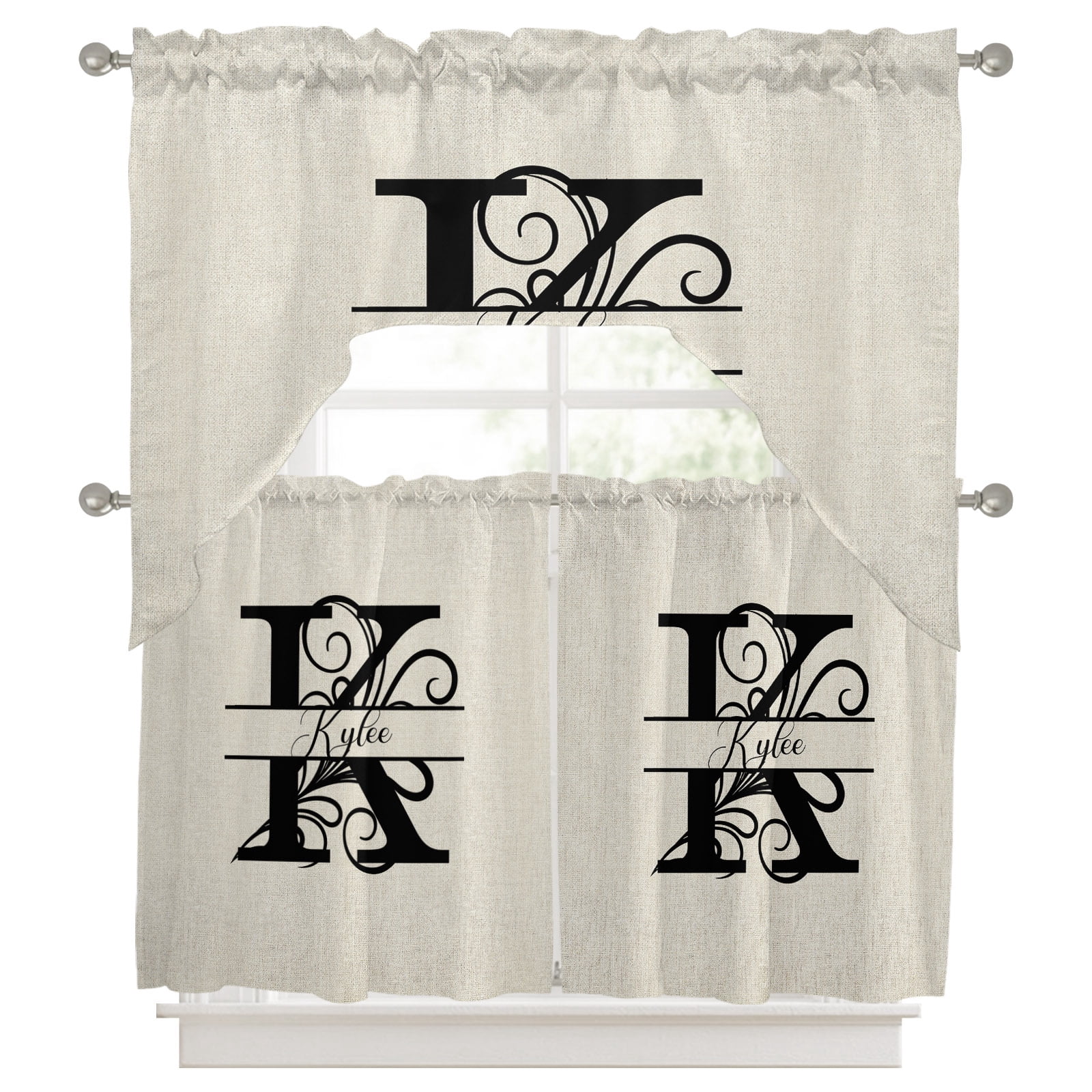 3 Pieces Swag Kitchen Curtains Set, Letter K Valance Swag & Small ...