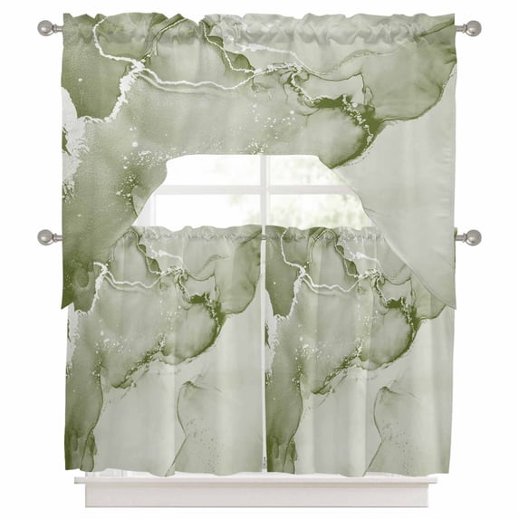3 Pieces Swag Kitchen Curtains Set, Marble Sage Green Valance Swag ...