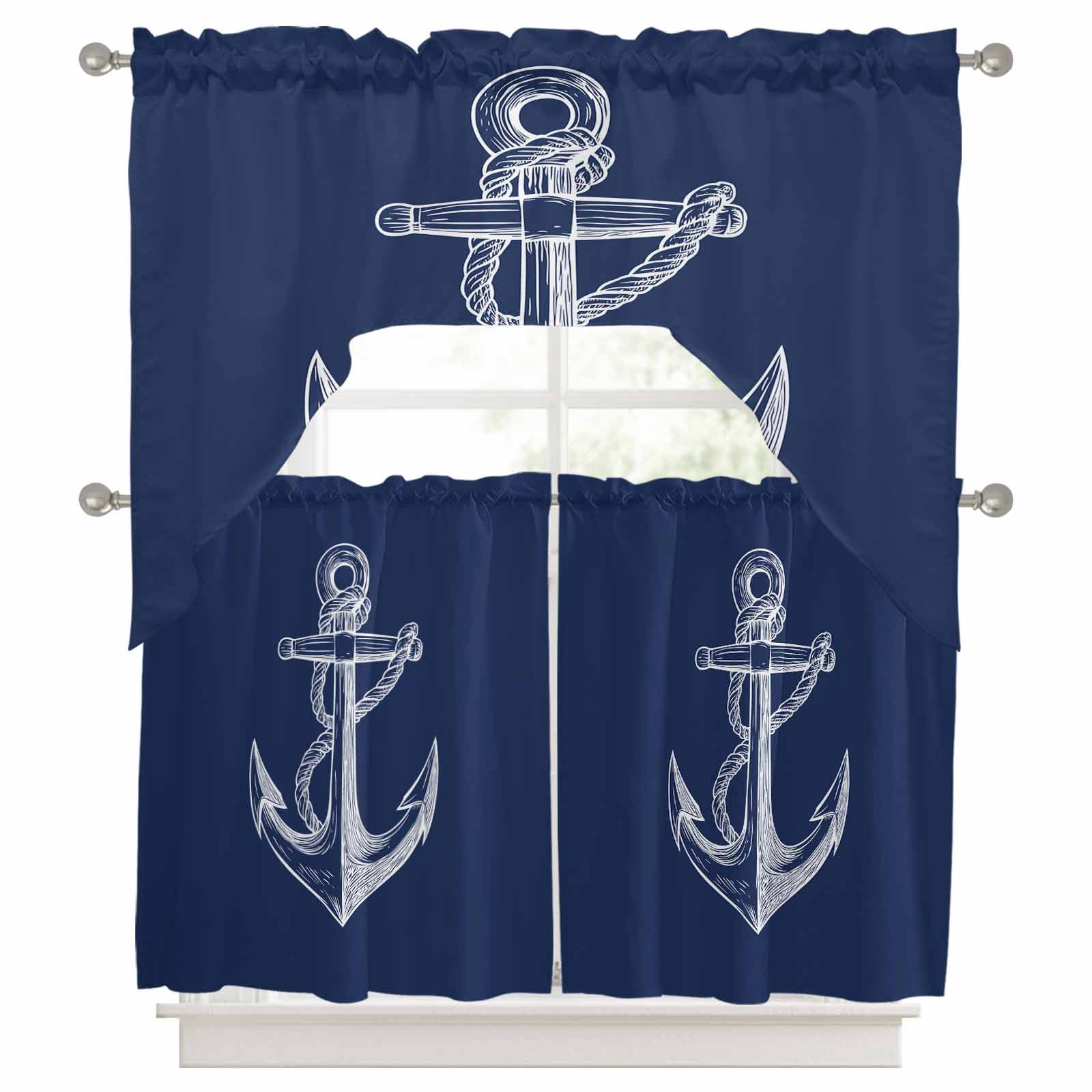 3 Pieces Swag Kitchen Curtains Set, Nautical Anchor Valance Swag ...