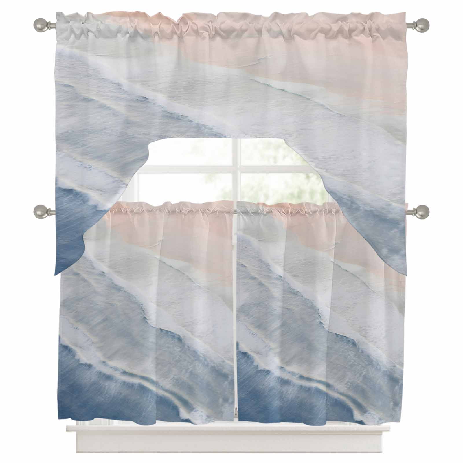 3 Pieces Swag Kitchen Curtains Set, Navy Blue Coastal Wave Valance Swag ...