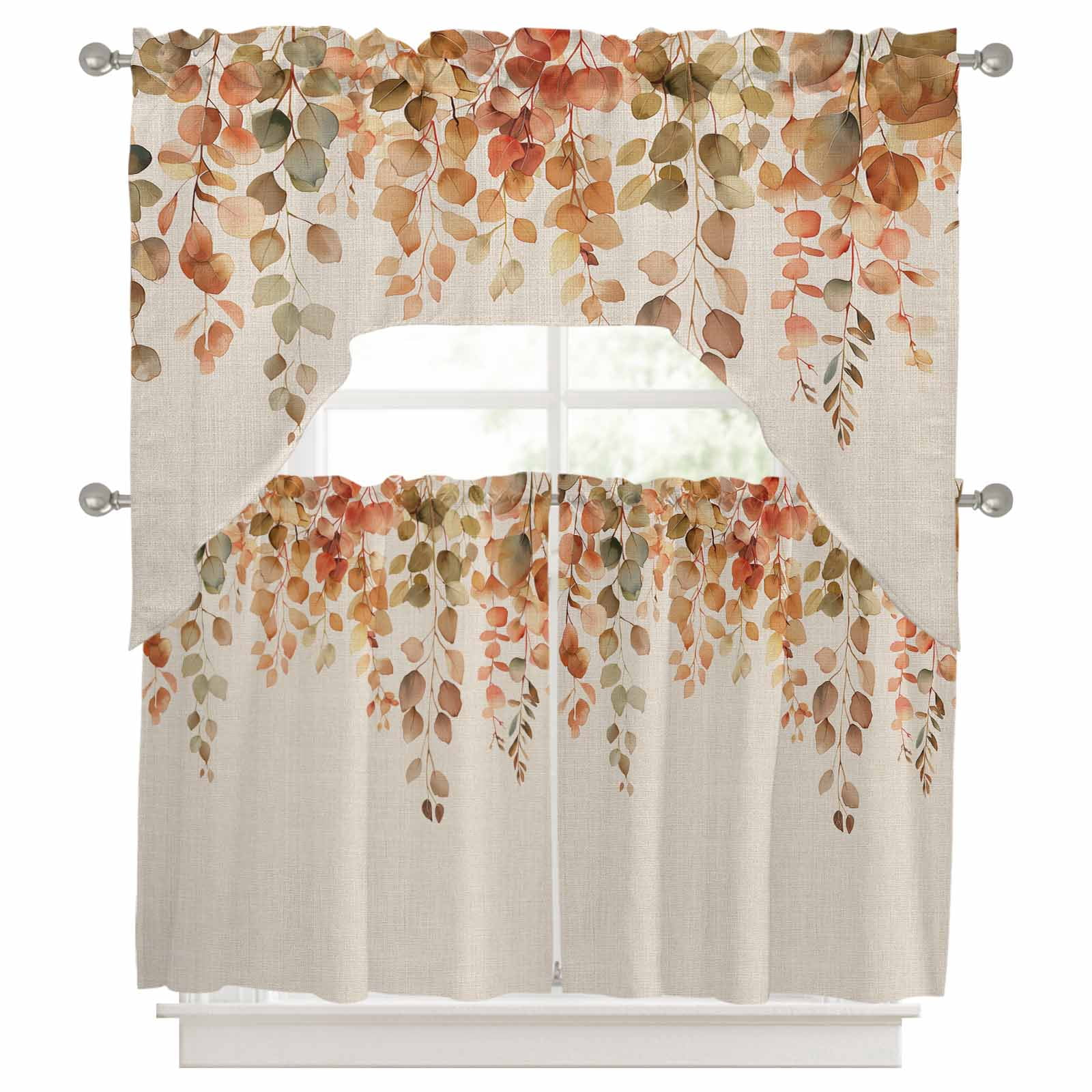 3 Pieces Swag Kitchen Curtains Set, Orange Botanical Valance Swag ...