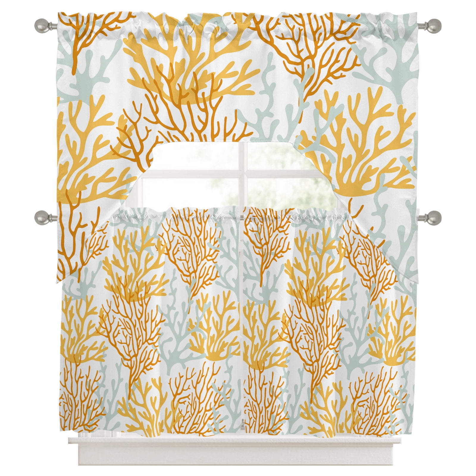 3 Pieces Swag Kitchen Curtains Set, Orange Gray Coral Coastal Valance ...