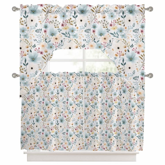 3 Pieces Swag Kitchen Curtains Set, Pastoral Botanical Valance Swag ...