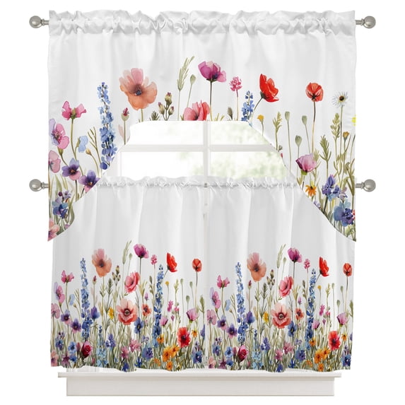 3 Pieces Swag Kitchen Curtains Set, Pastoral Spring Floral Valance Swag ...