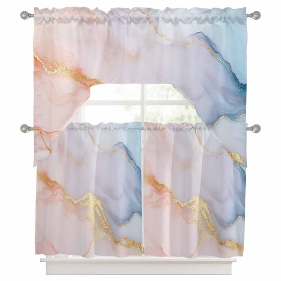 3 Pieces Swag Kitchen Curtains Set, Pink Blue Marble Valance Swag ...