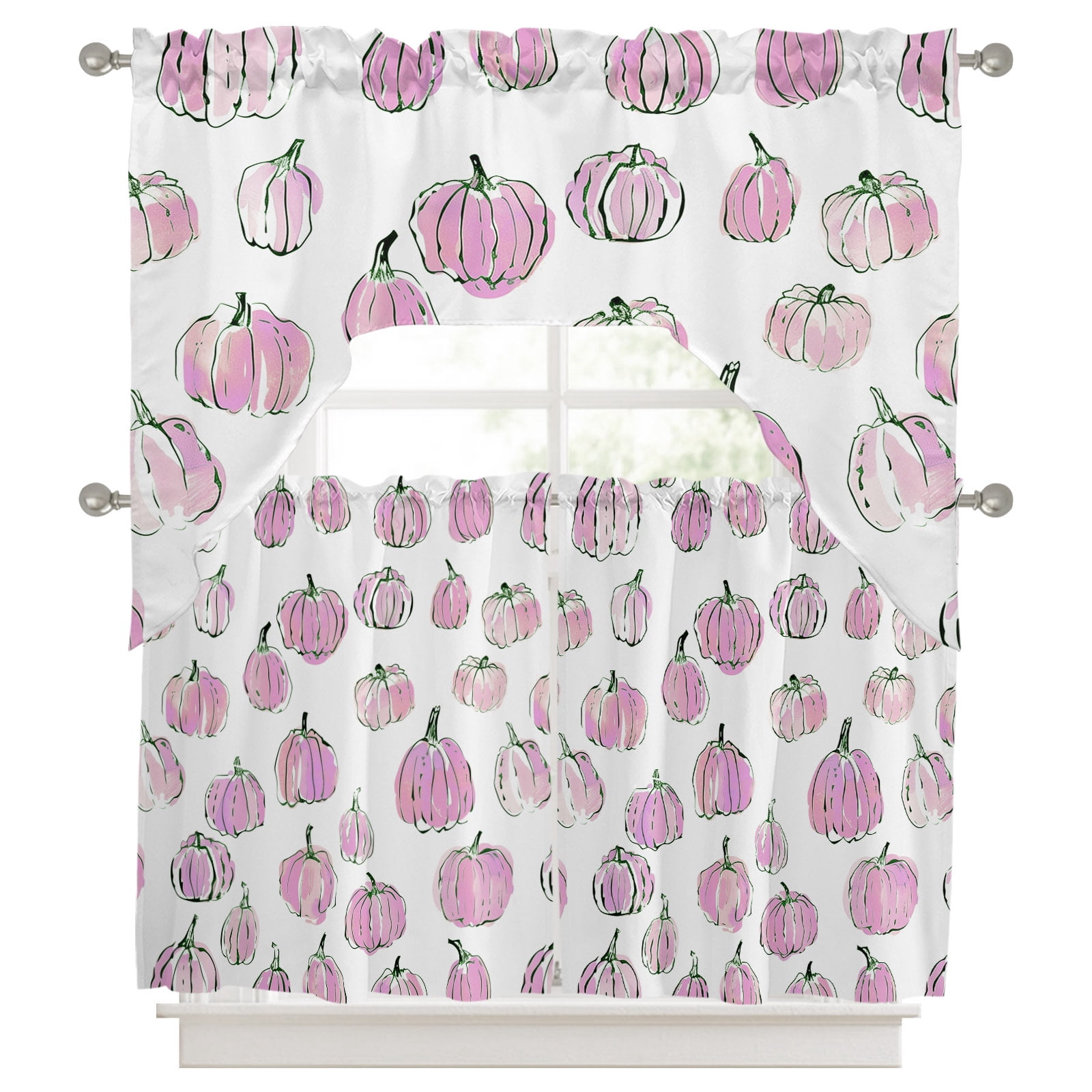 3 Pieces Swag Kitchen Curtains Set, Pink Pumpkins Fall Valance Swag ...