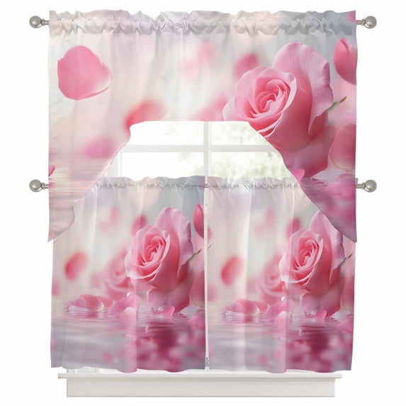 3 Pieces Swag Kitchen Curtains Set, Pink Rose Fantasy Valance Swag ...