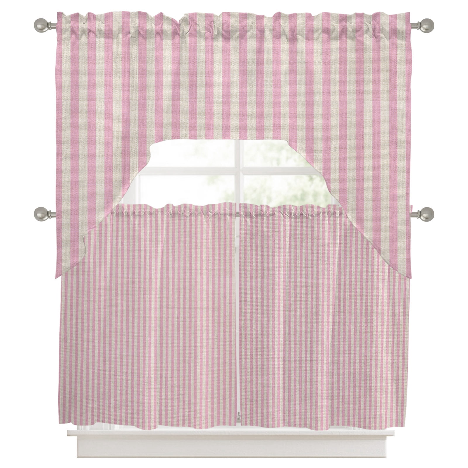 3 Pieces Swag Kitchen Curtains Set, Pink Striped Valance Swag & Small ...