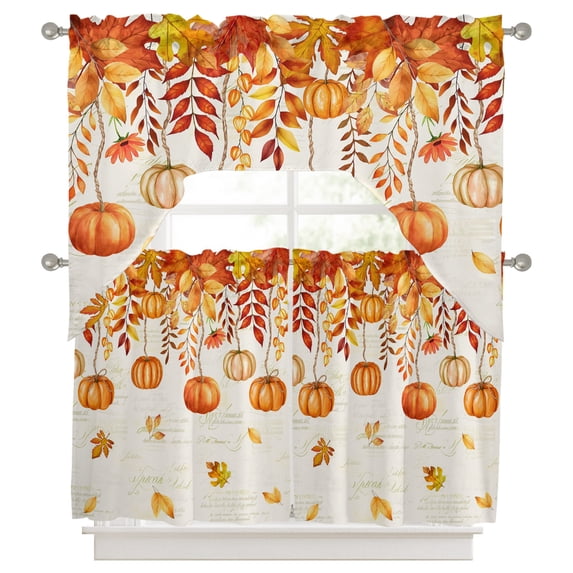 3 Pieces Swag Kitchen Curtains Set, Pumpkins Fall Valance Swag & Small ...