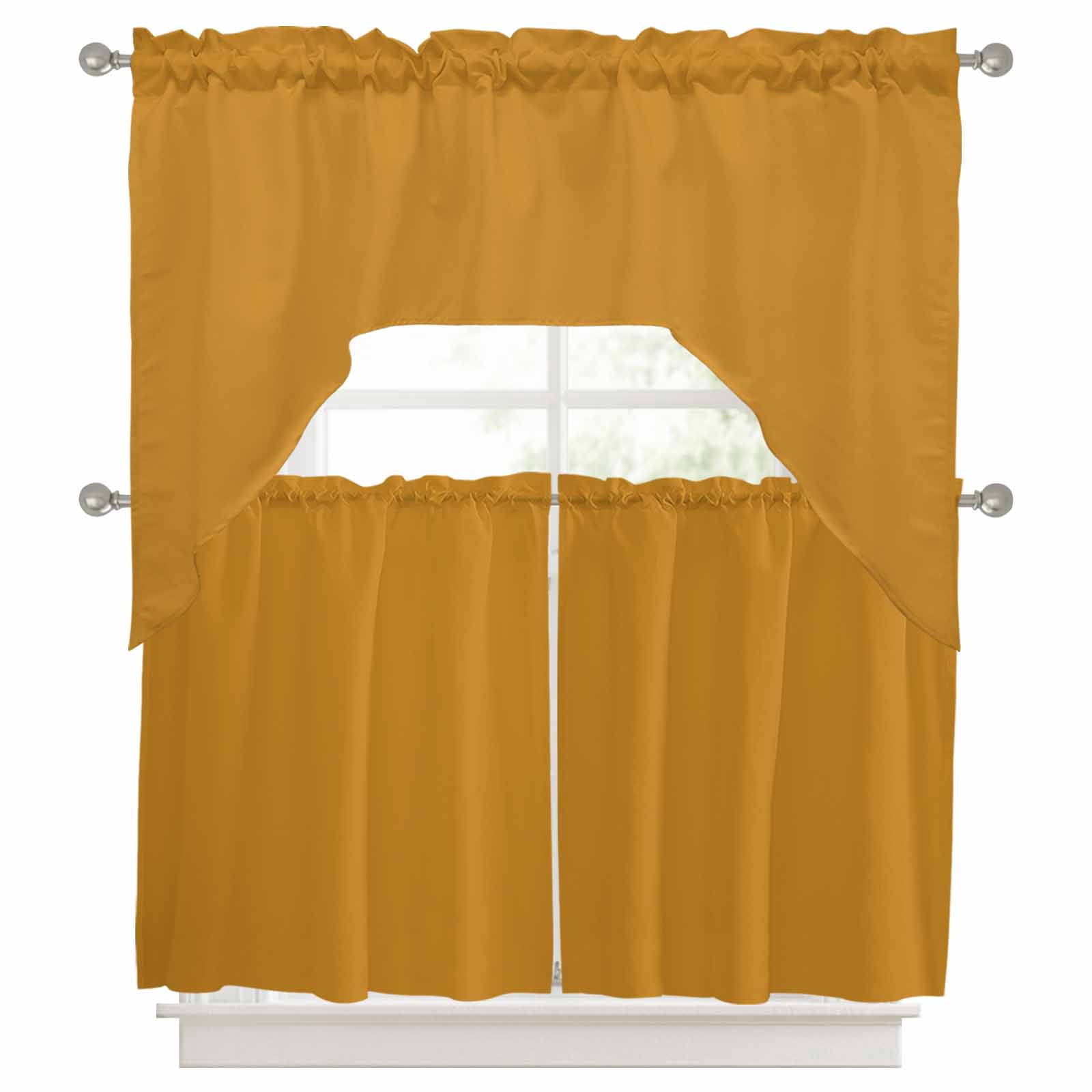 3 Pieces Swag Kitchen Curtains Set, Pure Turmeric Valance Swag & Small ...
