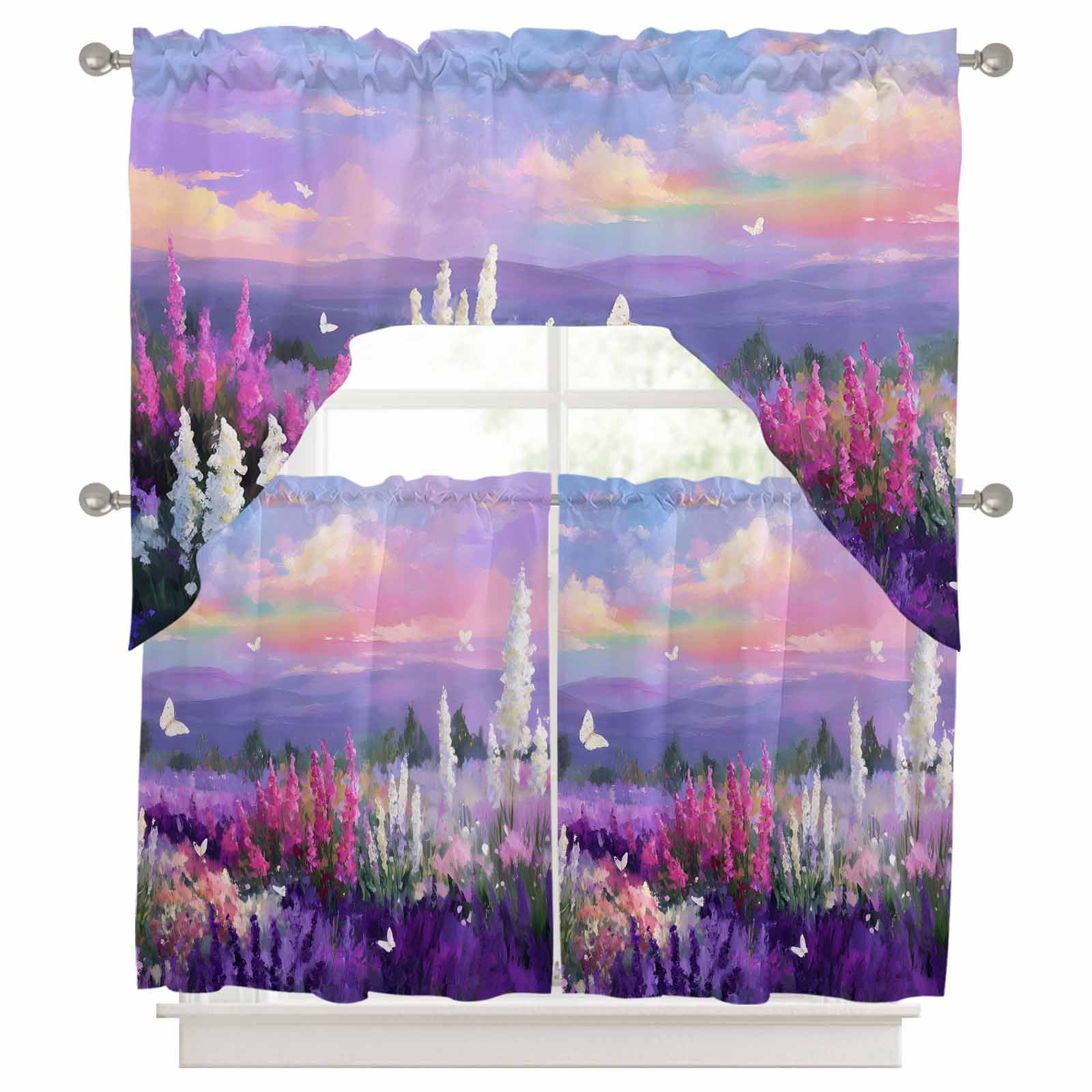 3 Pieces Swag Kitchen Curtains Set, Purple Lavender Valance Swag ...