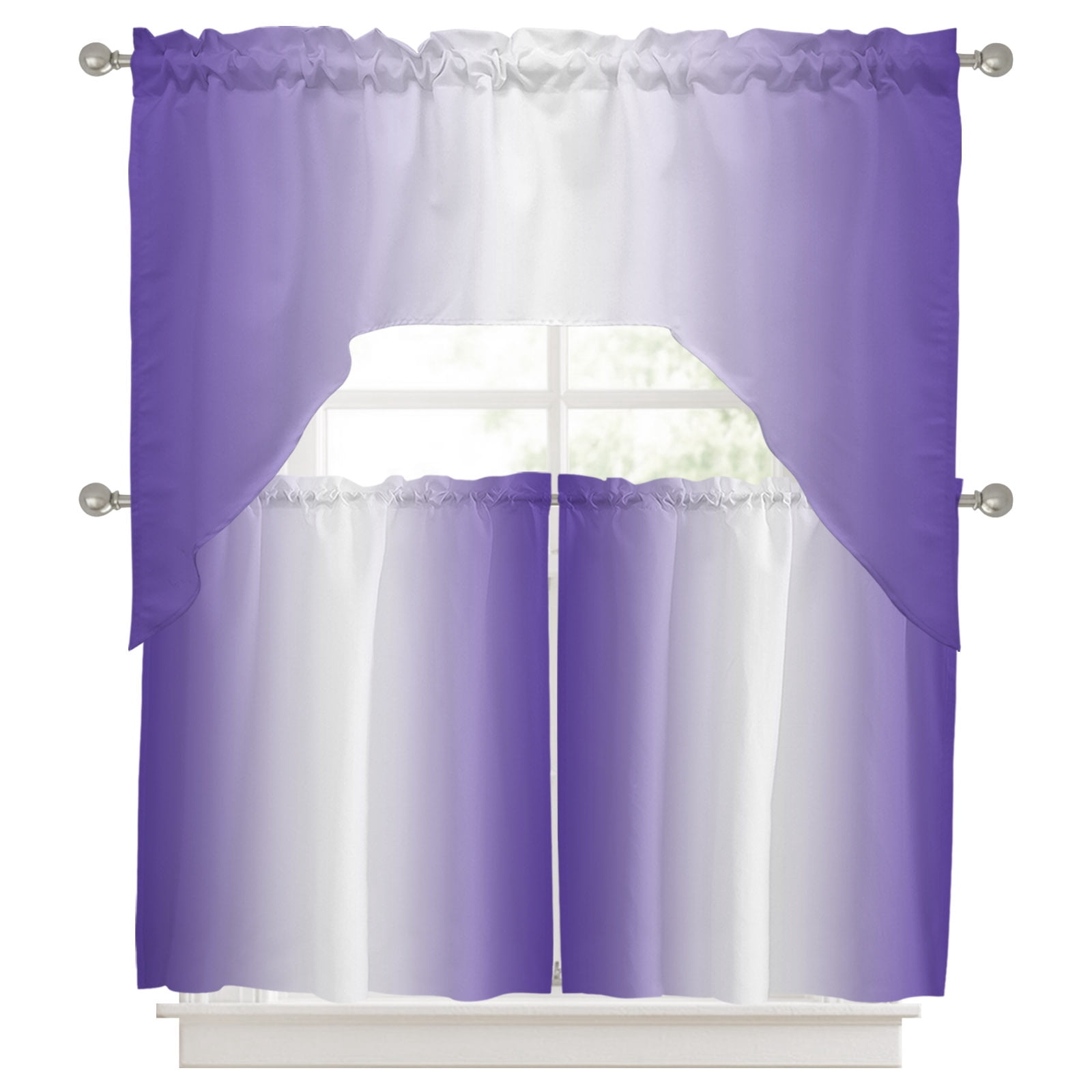 3 Pieces Swag Kitchen Curtains Set, Purple Ombre Valance Swag & Small ...
