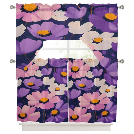 3 Pieces Swag Kitchen Curtains Set, Purple Spring Floral Valance Swag ...