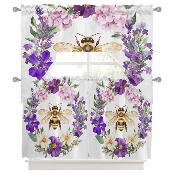 3 Pieces Swag Kitchen Curtains Set, Purple Spring Floral Valance Swag ...